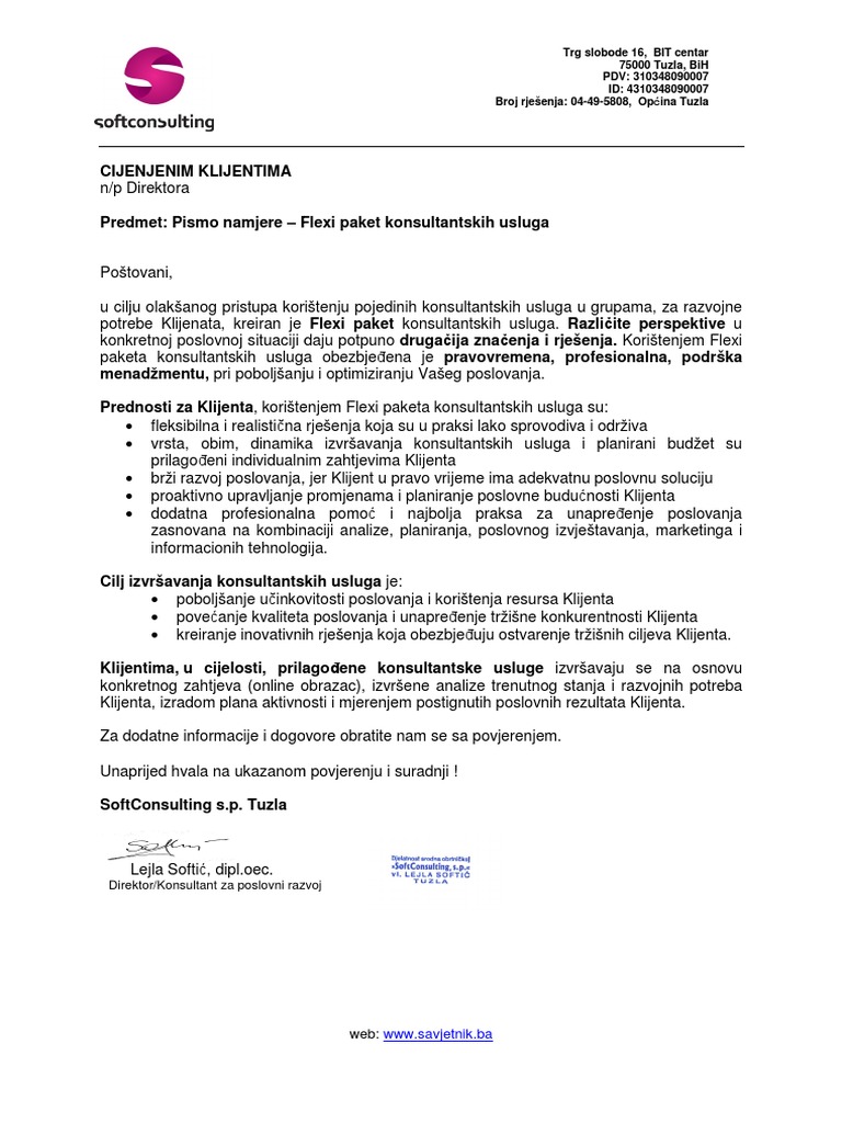 Pismo Namjere Flexi Paket Usluga 0717 | PDF