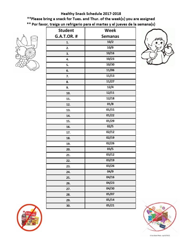 2017-2018 Healthy Snack Schedule | PDF