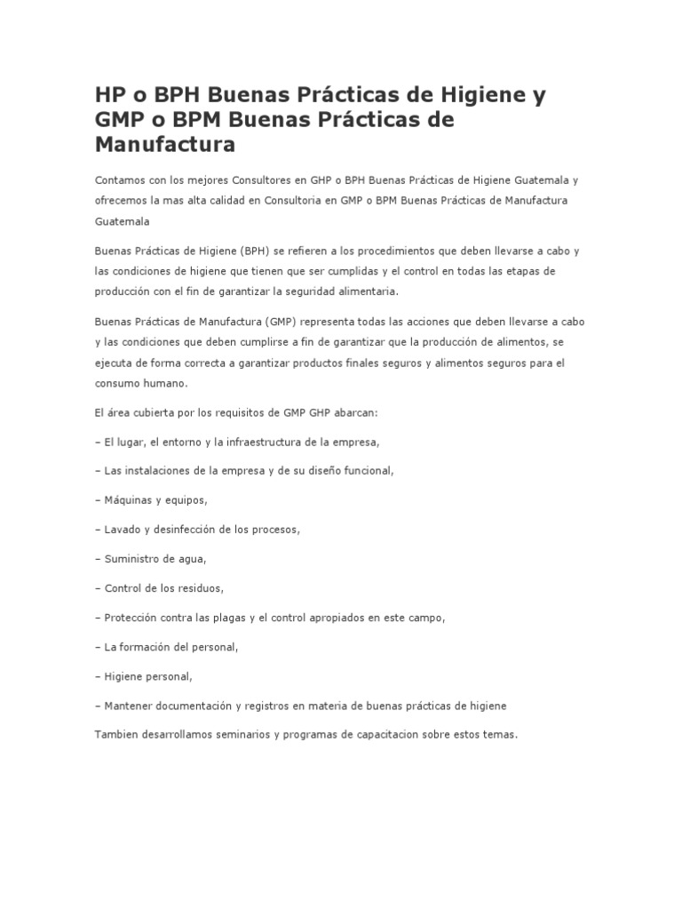 HP o BPH Buenas Prácticas de Higiene y GMP o BPM Buenas Prácticas de Manufactura | PDF