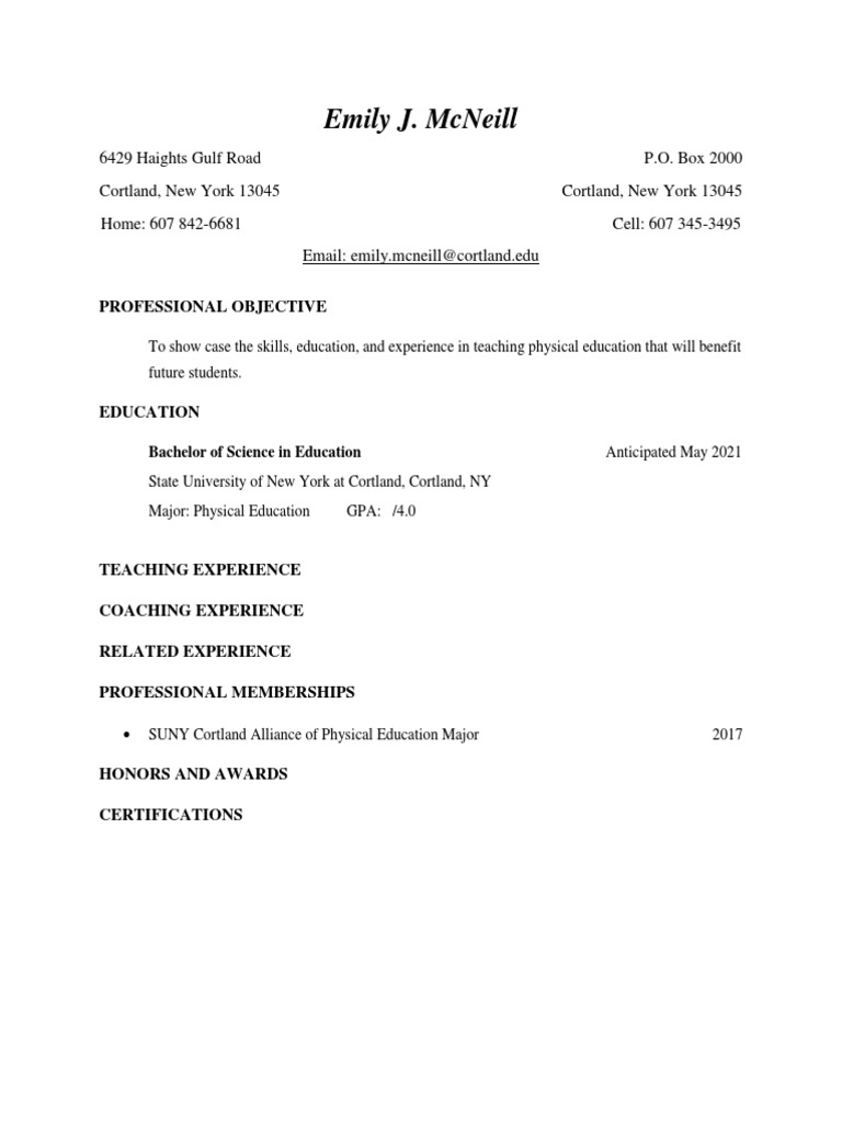 Emily McNeill: Physical Education Resume | PDF
