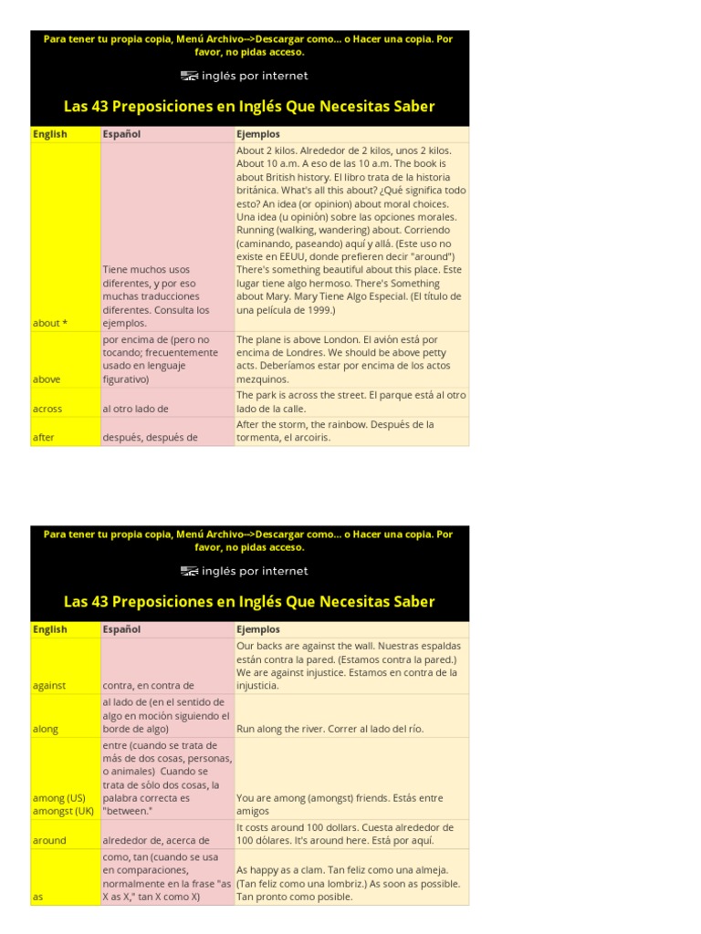 43 Preposiciones Esenciales en Inglés | PDF | Lengua española | Idiomas