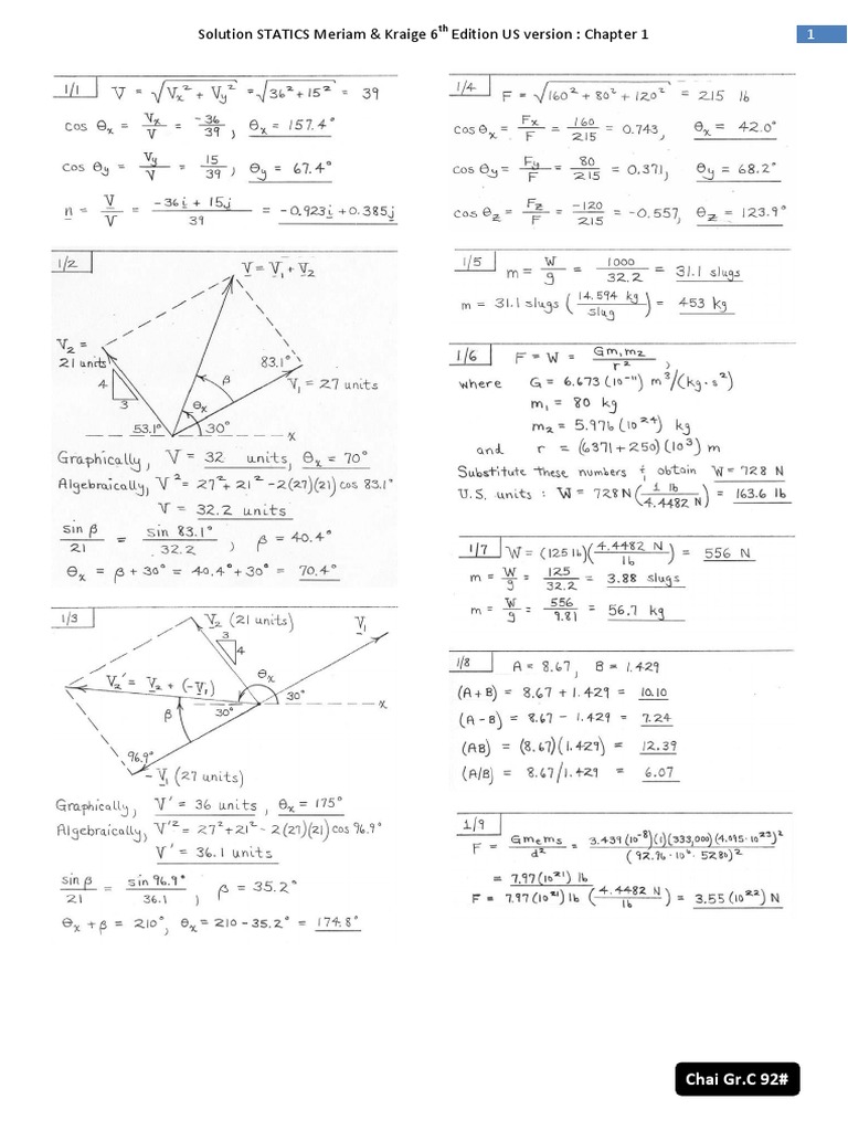 Solution Statics Meriam 6th Chapter01 For Print PDF | PDF