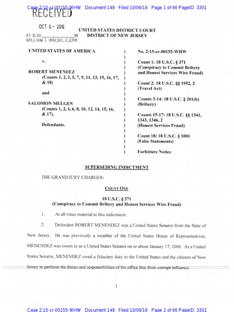 Menendez Superseding Indictment | Travel Visa | Fundraising