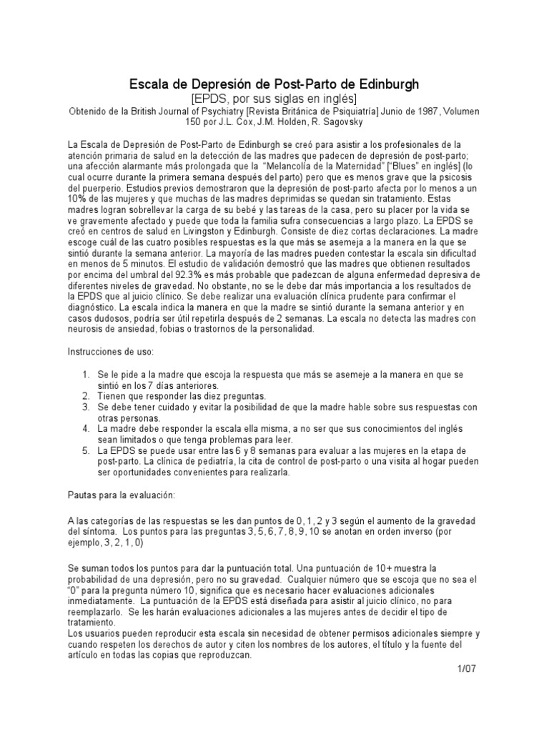 Escala de Depresión Post-Parto EPDS | PDF | Depresión (estado de ánimo ...