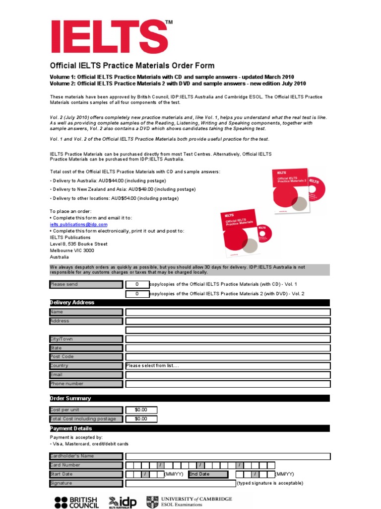 IELTS Practice Materials Order Form | PDF | International English ...