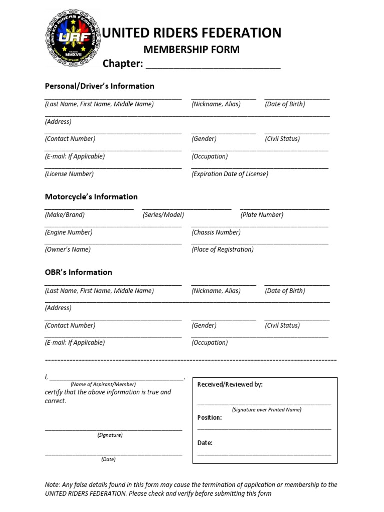 URF Membership Form | PDF | Road Transport | Wheeled Vehicles