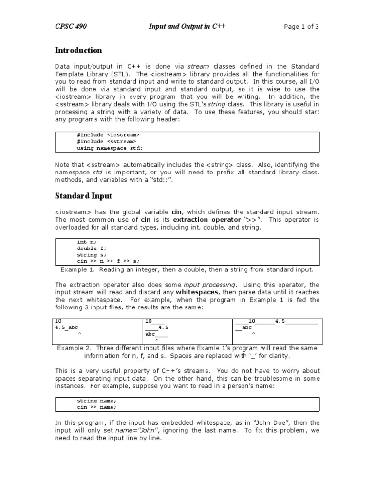 CPSC 490 Input and Output in C++: #Include #Include Using Namespace STD | PDF