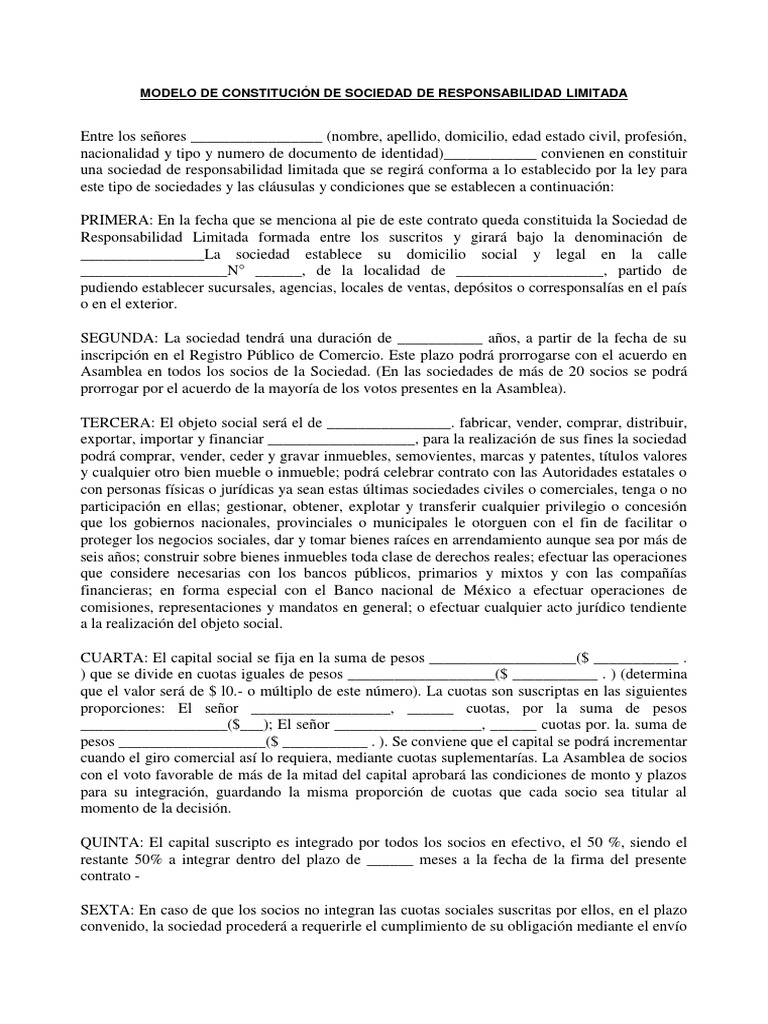Contrato Constitutivo de Una SRL | PDF | Sociedad de responsabilidad limitada | Negocios (general)