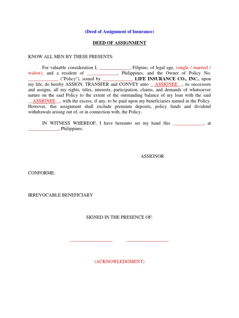 Deed of Assignment for Life Insurance Policy | PDF | Finance & Money ...