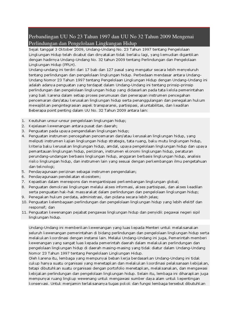 Perbandingan UU No 23 Tahun 1997 Dan UU No 32 Tahun 2009 Mengenai Perlindungan Dan Pengelolaan ...