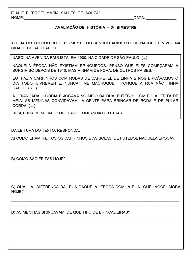 Avaliação De História 3º Bim Pdf