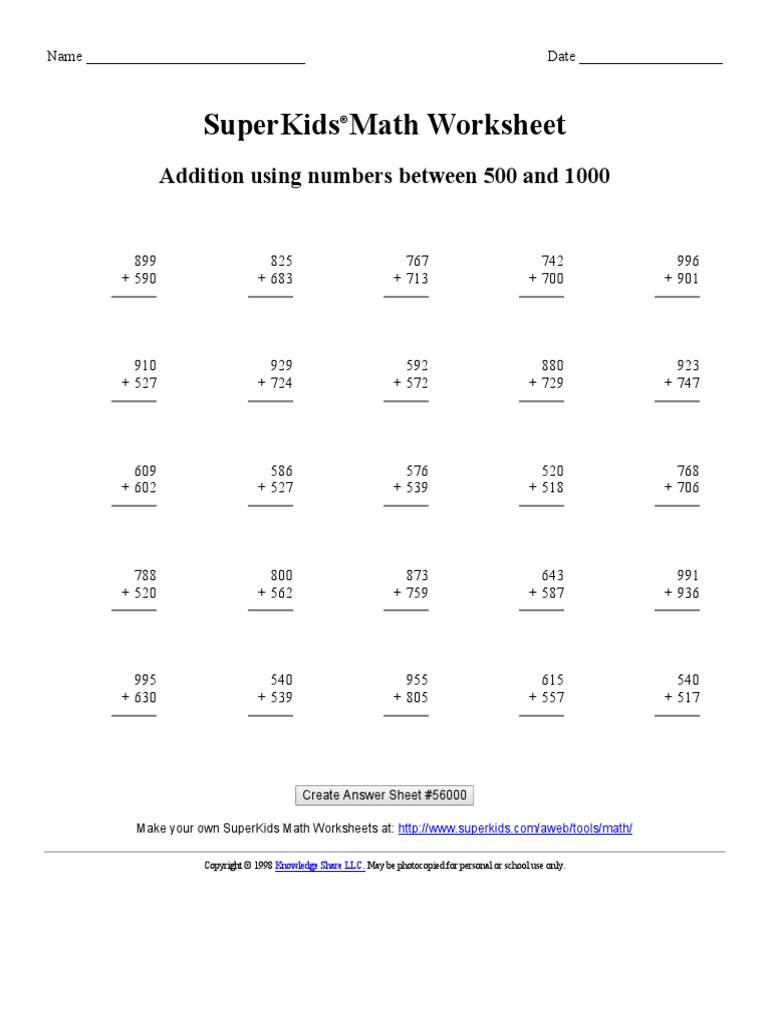 Superkids Math Worksheet: Addition Using Numbers Between 500 and 1000 | PDF