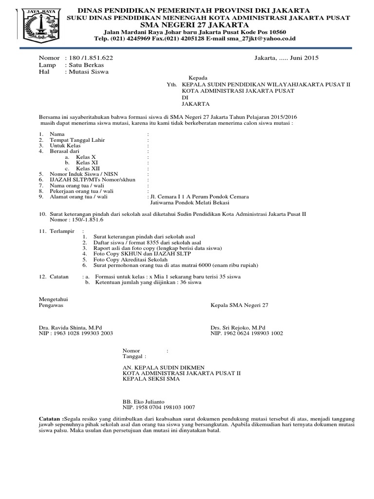 Surat Keterangan Mutasi Masuk | PDF