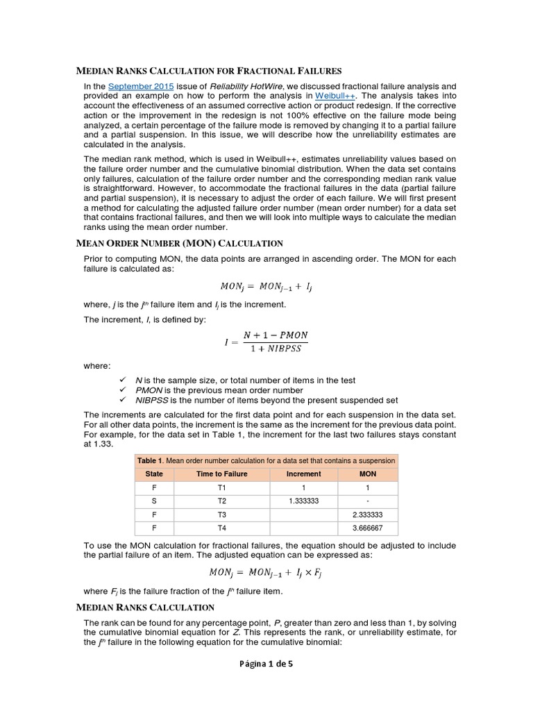 Median Ranks Calculation For Fractional Failures | PDF | Median | Mean