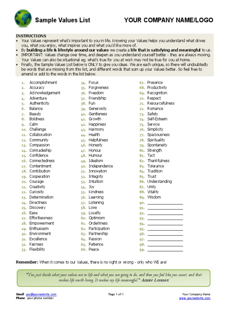 Sample Values List for Personal Growth | PDF | Behavioural Sciences ...