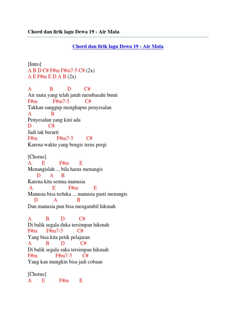 Chord Dan Lirik Lagu Dewa 19 - Air Mata | PDF