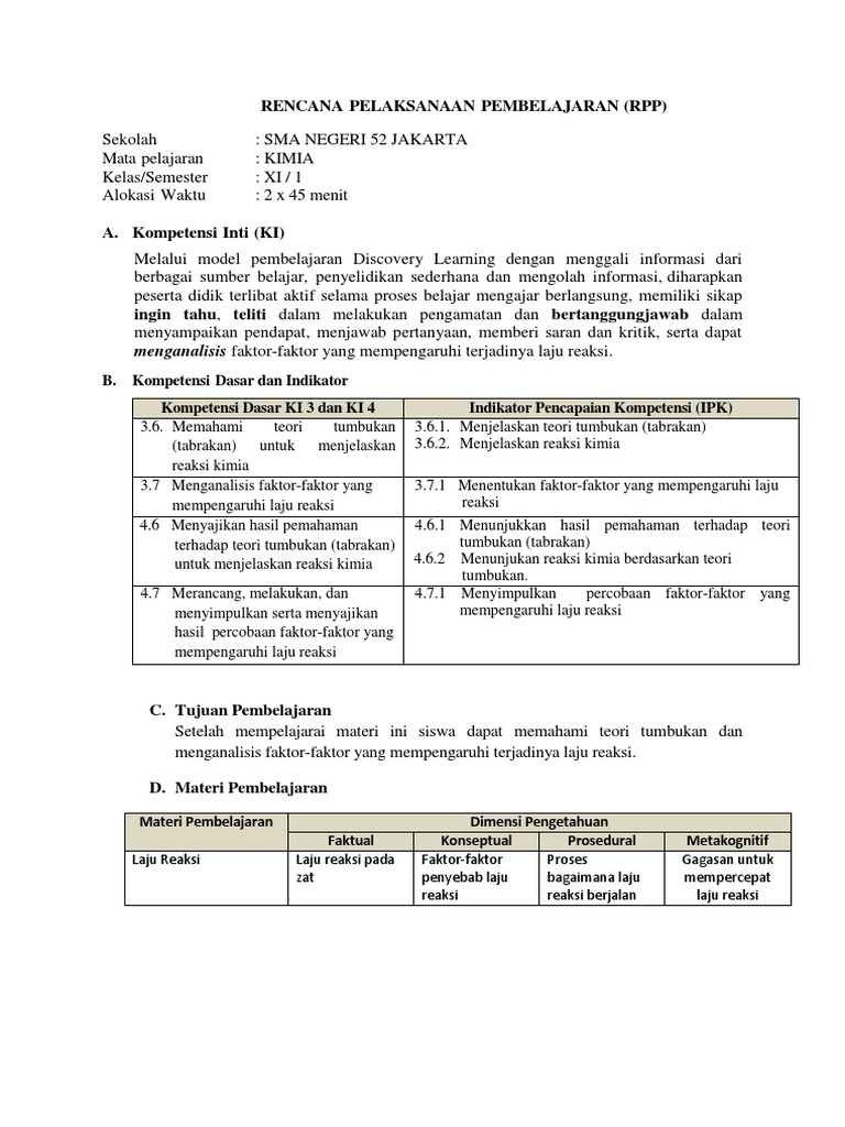 RPP Kls XI Laju Reaksi | PDF