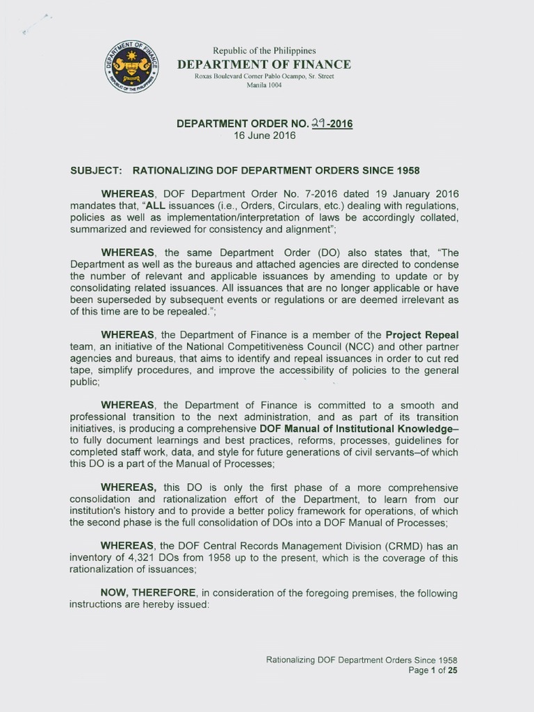 Department Order 29-2016 Rationalizing DOF Department Orders Since 1958 ...