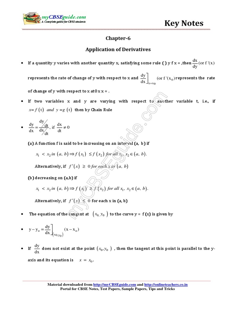 Key Notes: Chapter-6 Application of Derivatives | PDF | Maxima And ...