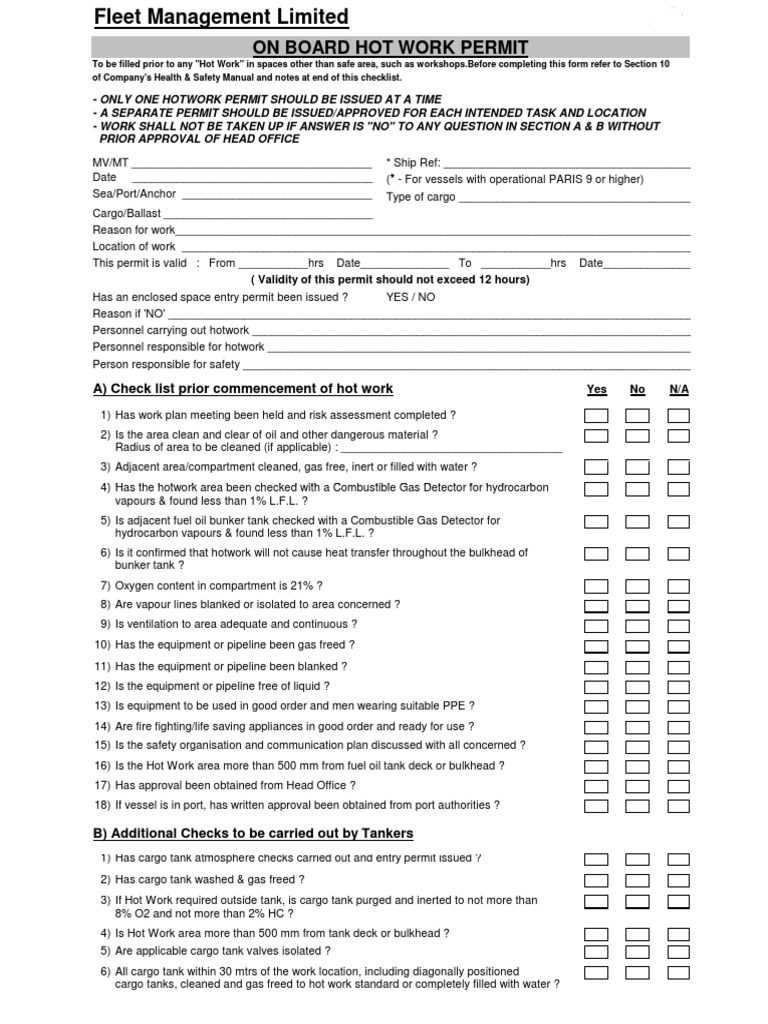 Hot Work Permit Checklist for Ships | PDF | Fuel Oil | Oil Tanker
