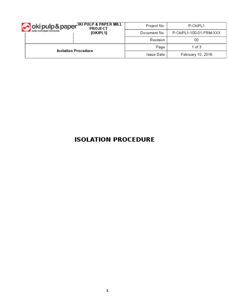 Oki Pulp & Paper Mill Isolation Procedure: Guidelines for Isolating ...