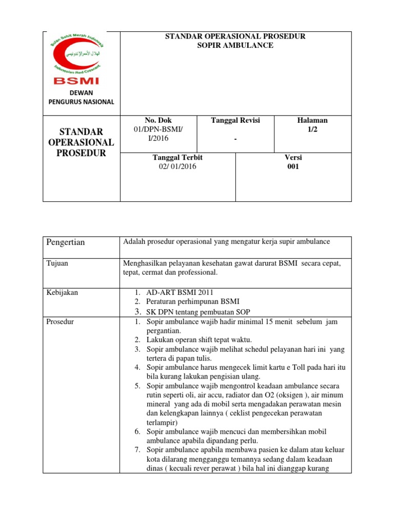 SOP Penggunaan Sopir Ambulance | PDF