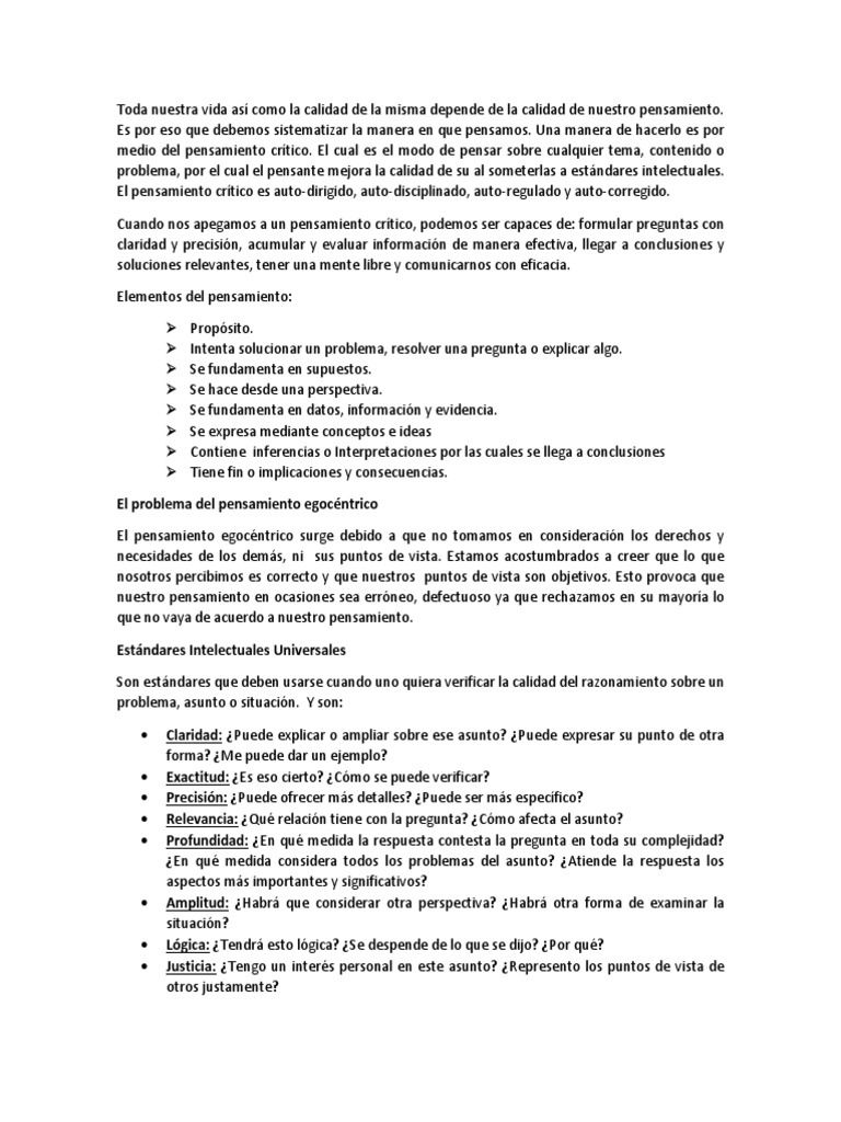 Pensamiento Crítico Resumen | PDF | Pensamiento crítico | Conceptos ...