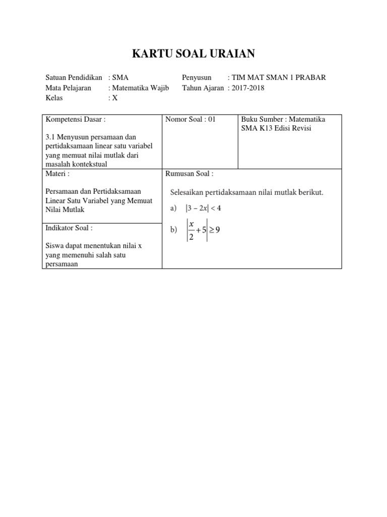 Kartu Soal Uraian | PDF