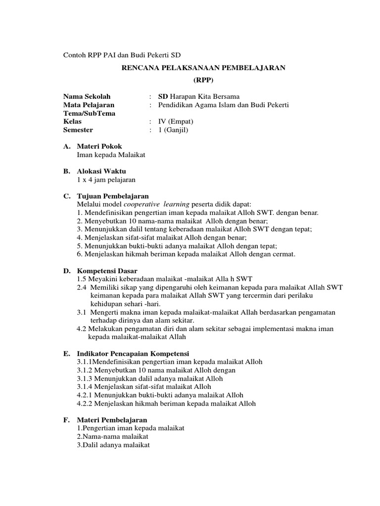 Contoh RPP PAI SD KELAS 4 Kurikulum 2013 | PDF