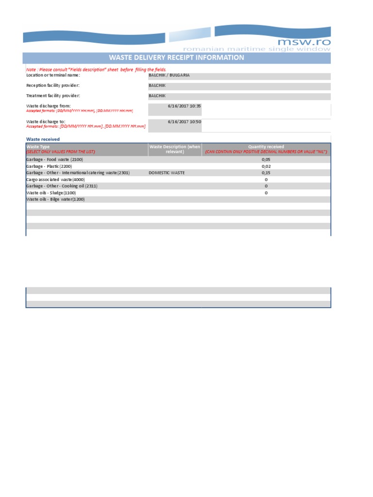 Waste Delivery Receipt Form for the vessels calling Romania's Ports ...