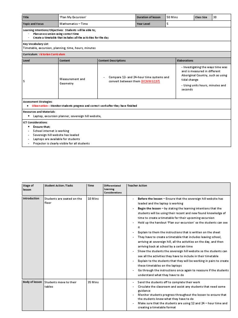 Excursion Plan Lesson | PDF | Curriculum | Sharing