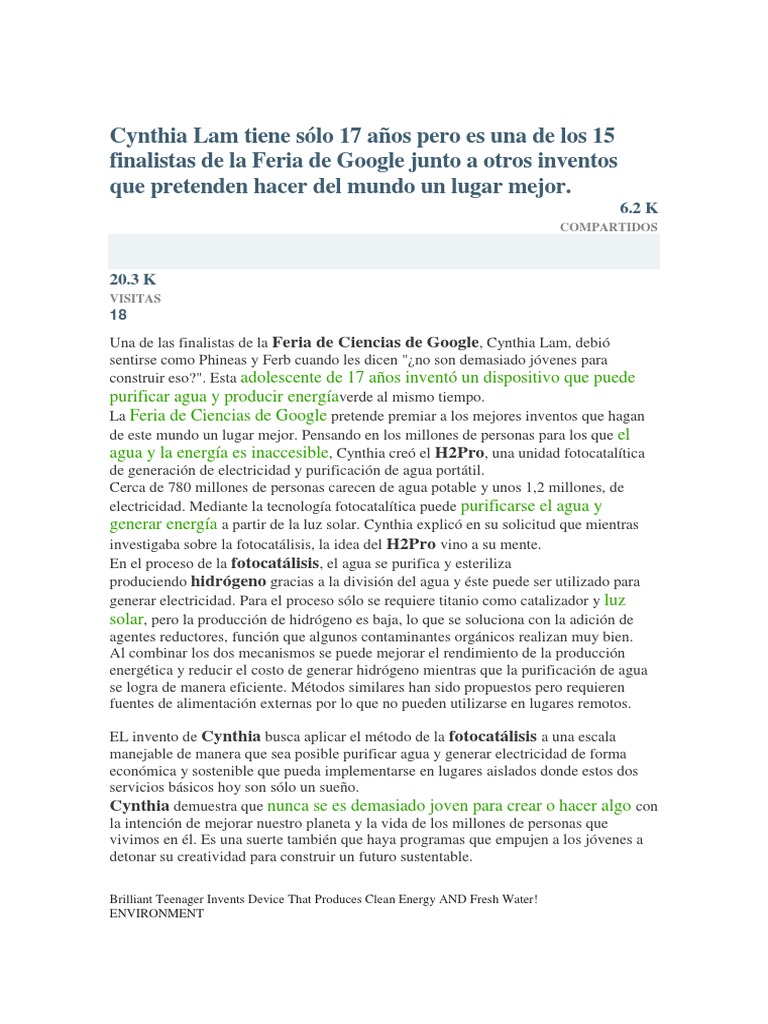 Cynthia Lam: Innovación en agua y energía | PDF | Energía solar | Redox
