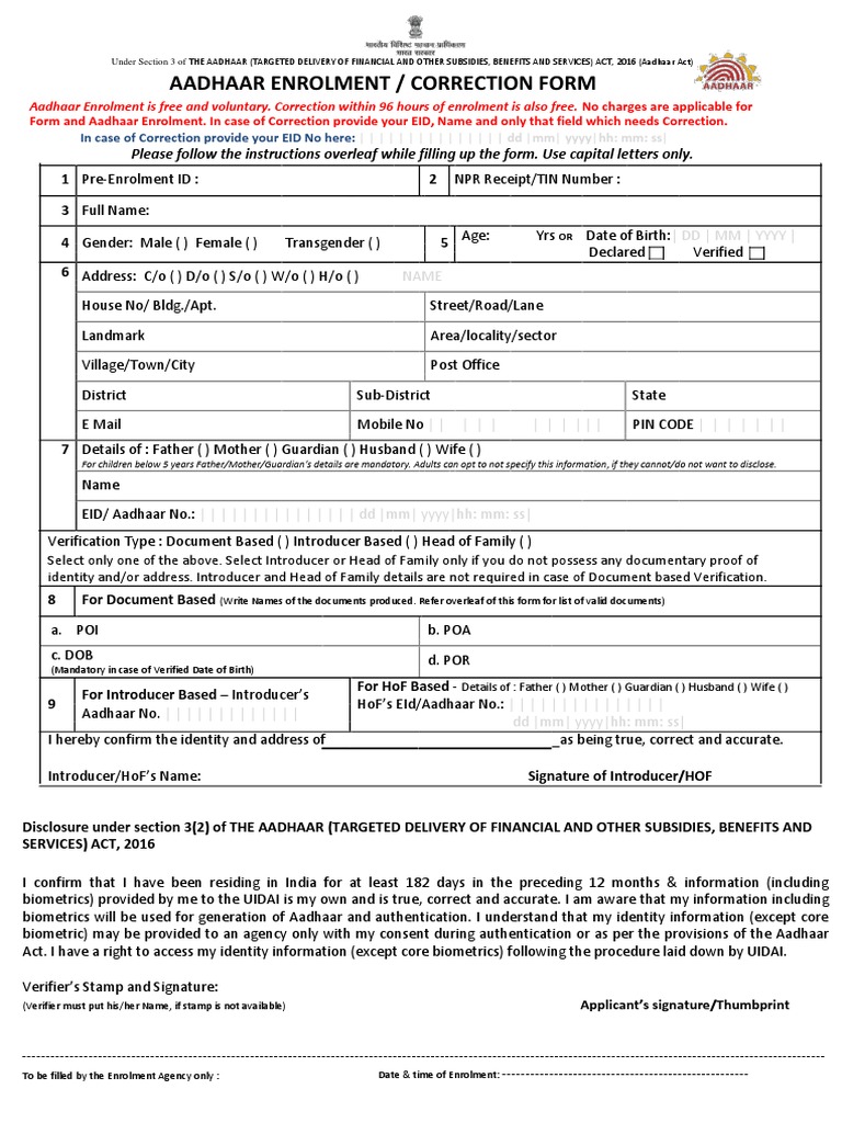 Aadhaar Enrollment/Correction Form | PDF | Identity Document | Official ...