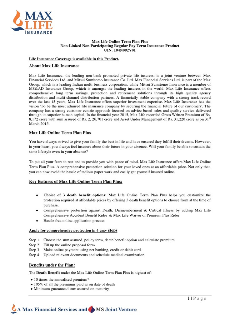 Max Life Online Term Plan Plus - Brochure - Prod | PDF | Insurance ...
