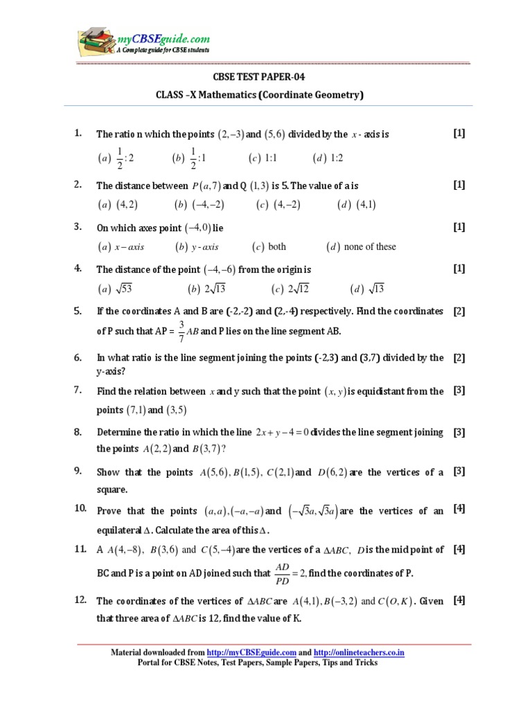 CBSE Class X Math Test Paper: Coordinate Geometry | PDF | Cartesian ...
