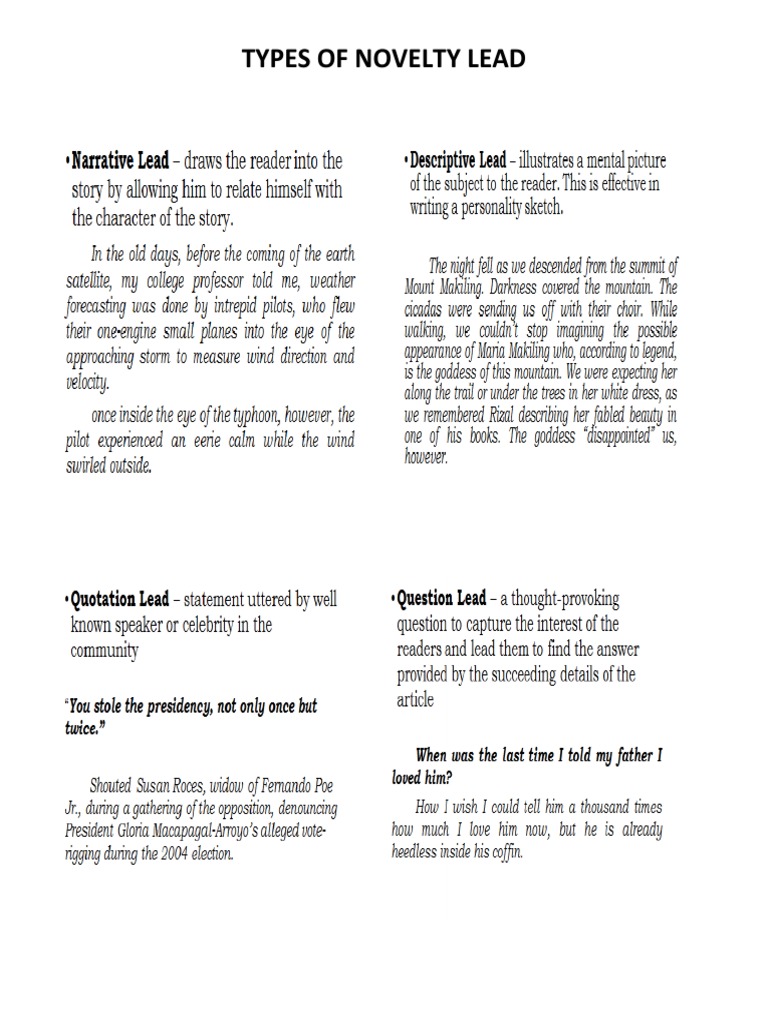 Types of Novelty Lead (Feature Writing) | PDF