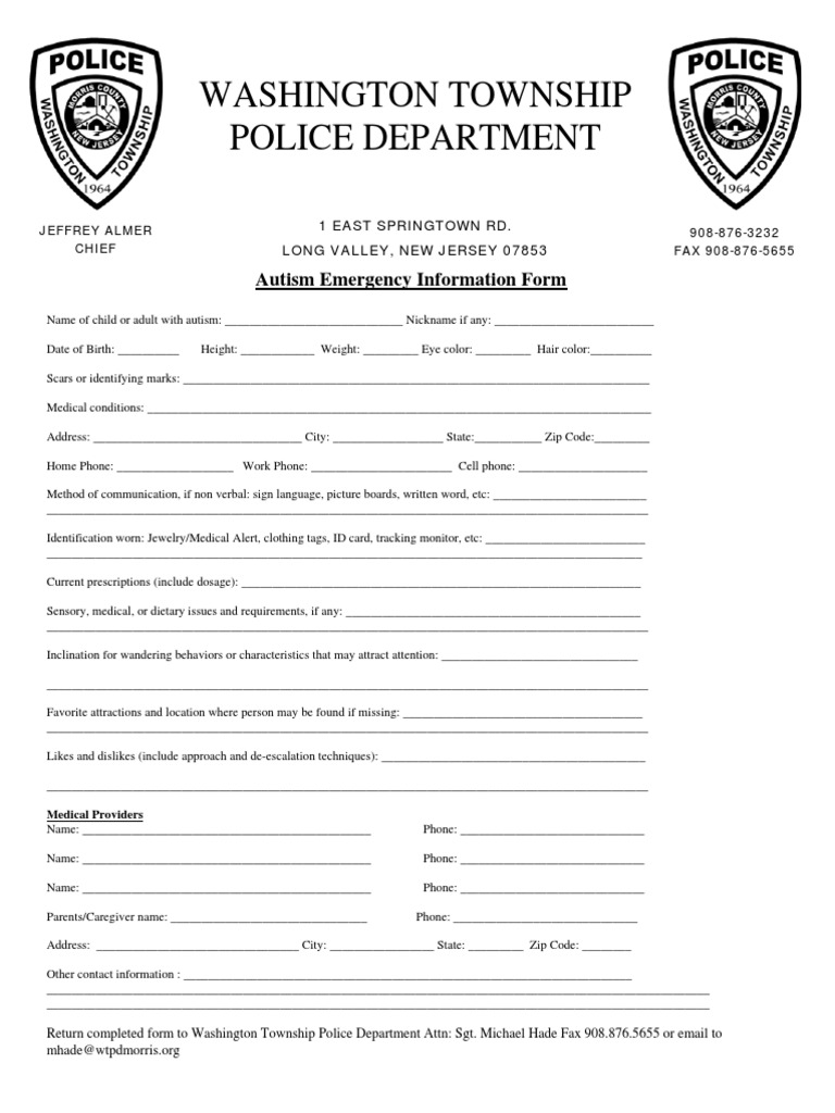 Autism Emergency Information Form | PDF | Wellness | Medical