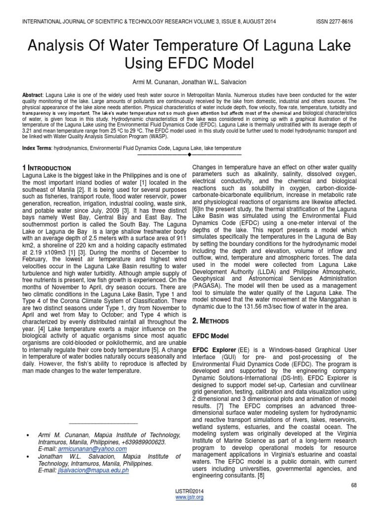Analysis of Water Temperature of Laguna Lake Using Efdc Model | PDF ...