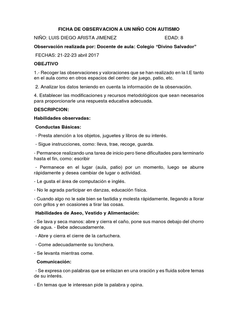 FICHA DE OBSERVACION A UN NIÑO CON AUTISMO.pdf | Autismo | Las emociones