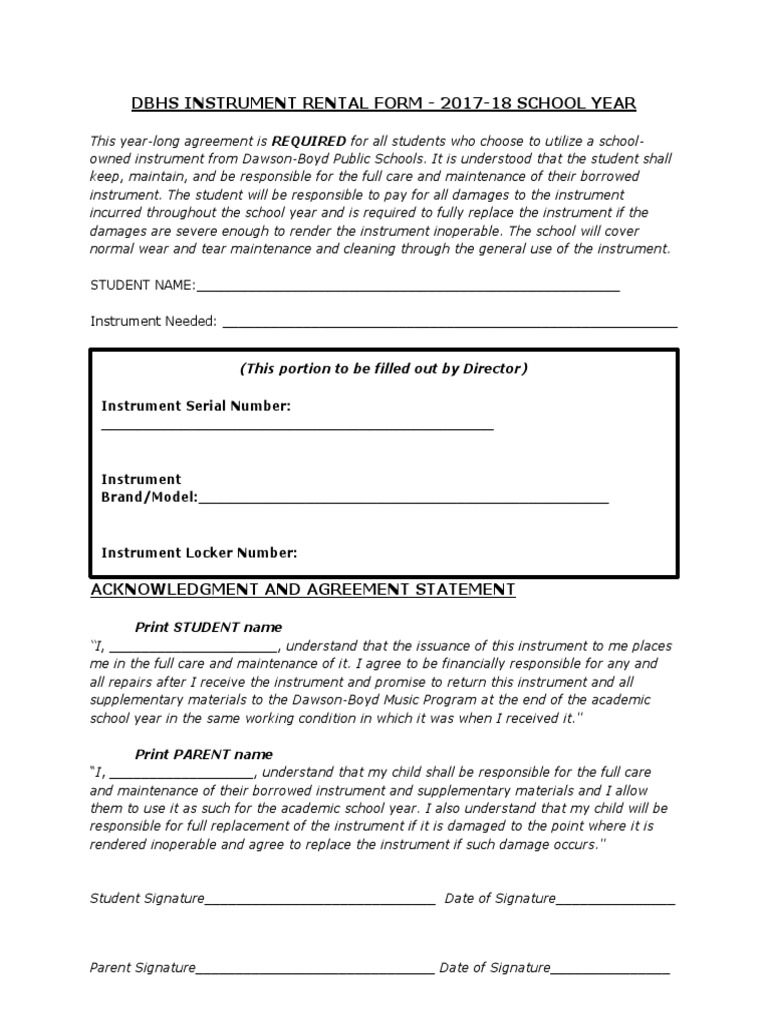 DBHS Instrument Rental Agreement 2017-18 | PDF