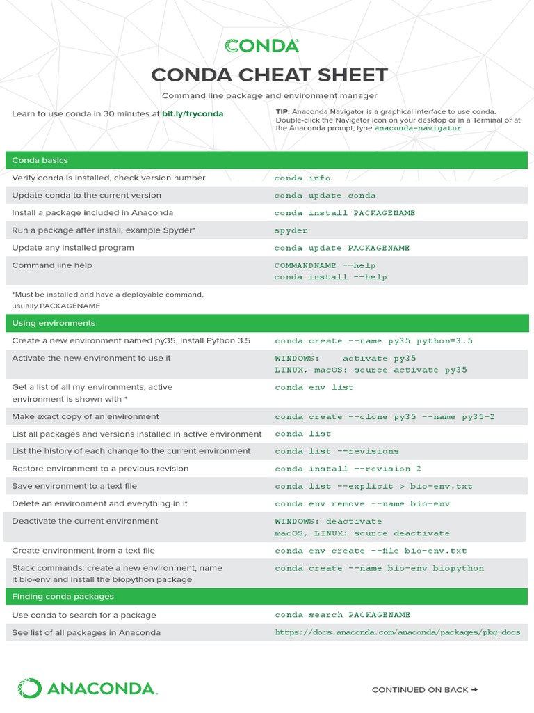 Conda Cheat Sheet: Bit - Ly/tryconda | PDF | Python (Programming Language) | Command Line Interface