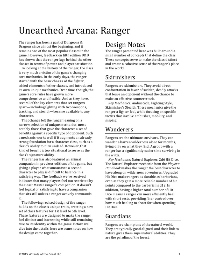 Unearthed Arcana: Ranger: Design Notes | PDF