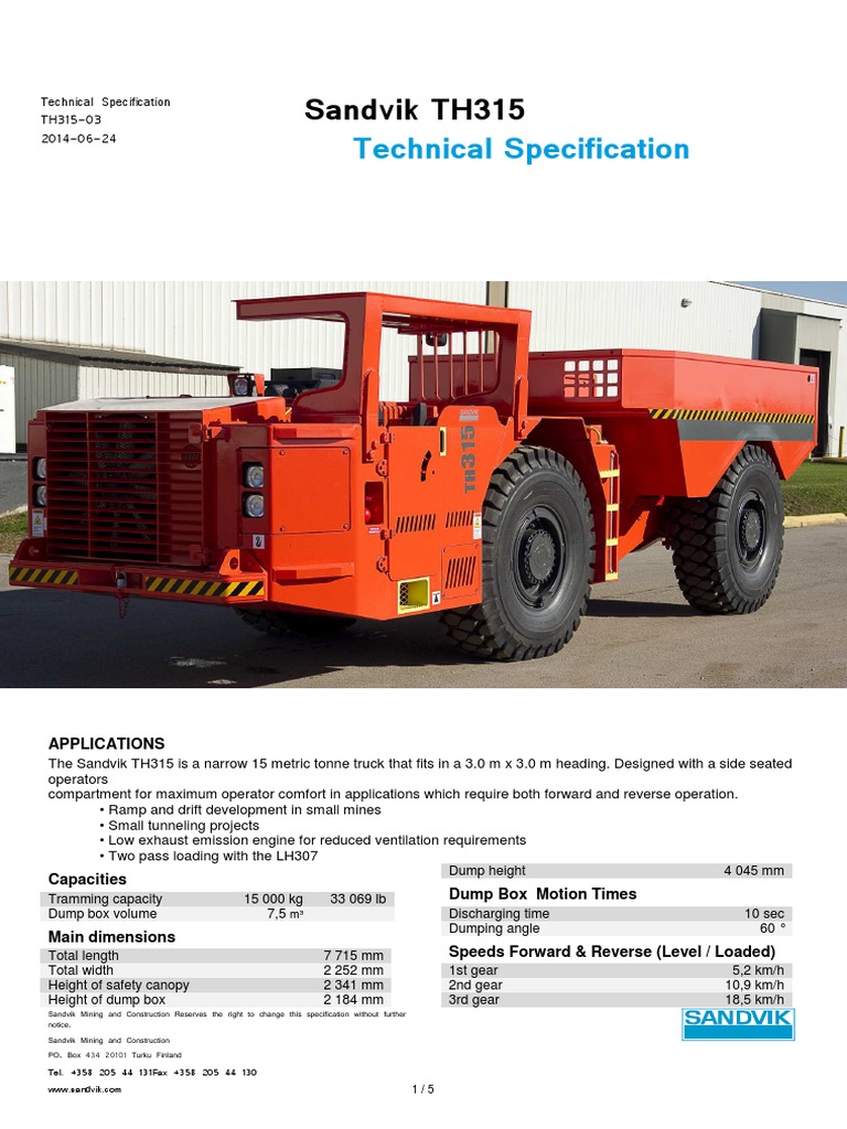 Sandvik TH315: Technical Specification | PDF | Brake | Engines