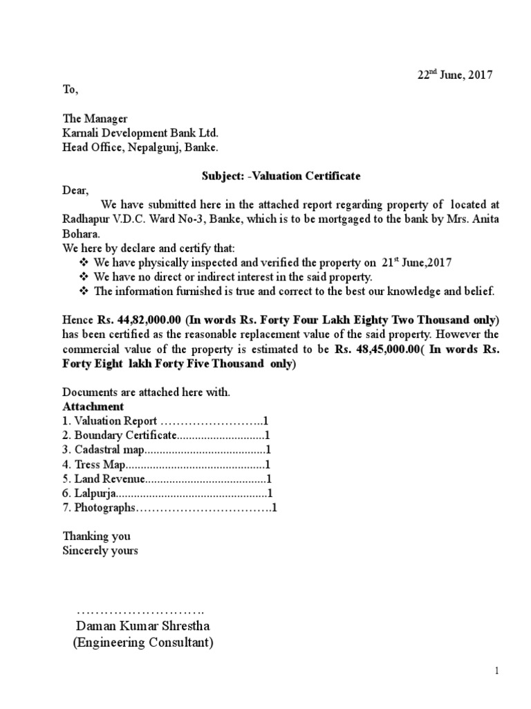 Subject: - Valuation Certificate: Daman Kumar Shrestha (Engineering ...