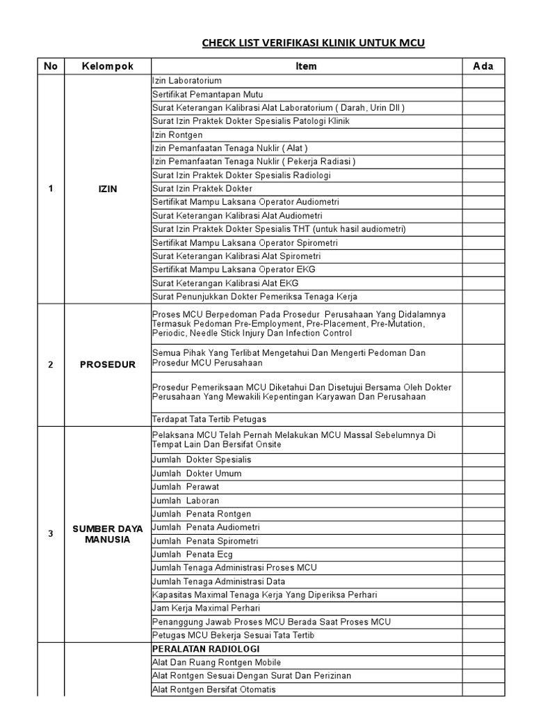 CheckList Verifikasi Kerjasama Klinik | PDF