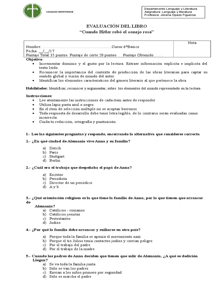 Prueba Cuando Hitler Robo El Conejo Rosa | PDF | Lectura (proceso ...