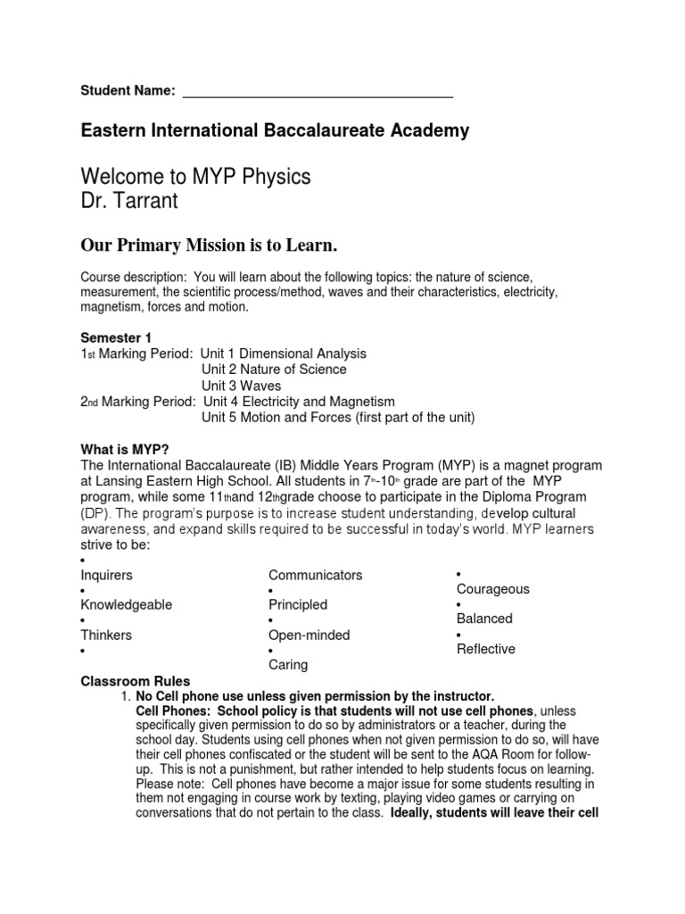 Myp Physics Syllabus 2017 2018 | PDF | Homework | Classroom