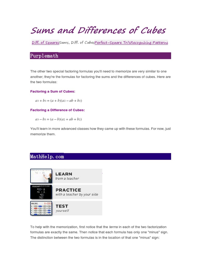 Sums and Differences of Cubes | PDF | Factorization | Mathematical Objects