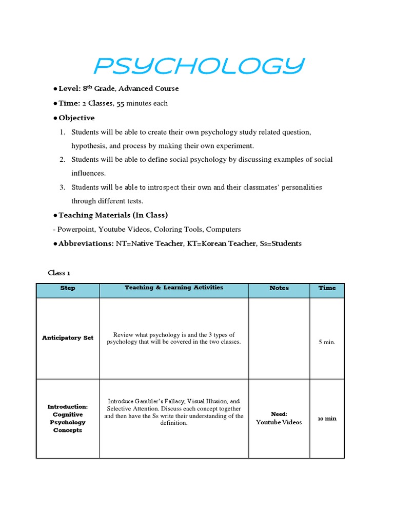Psychology Lesson Plan | PDF | Experiment | Lesson Plan