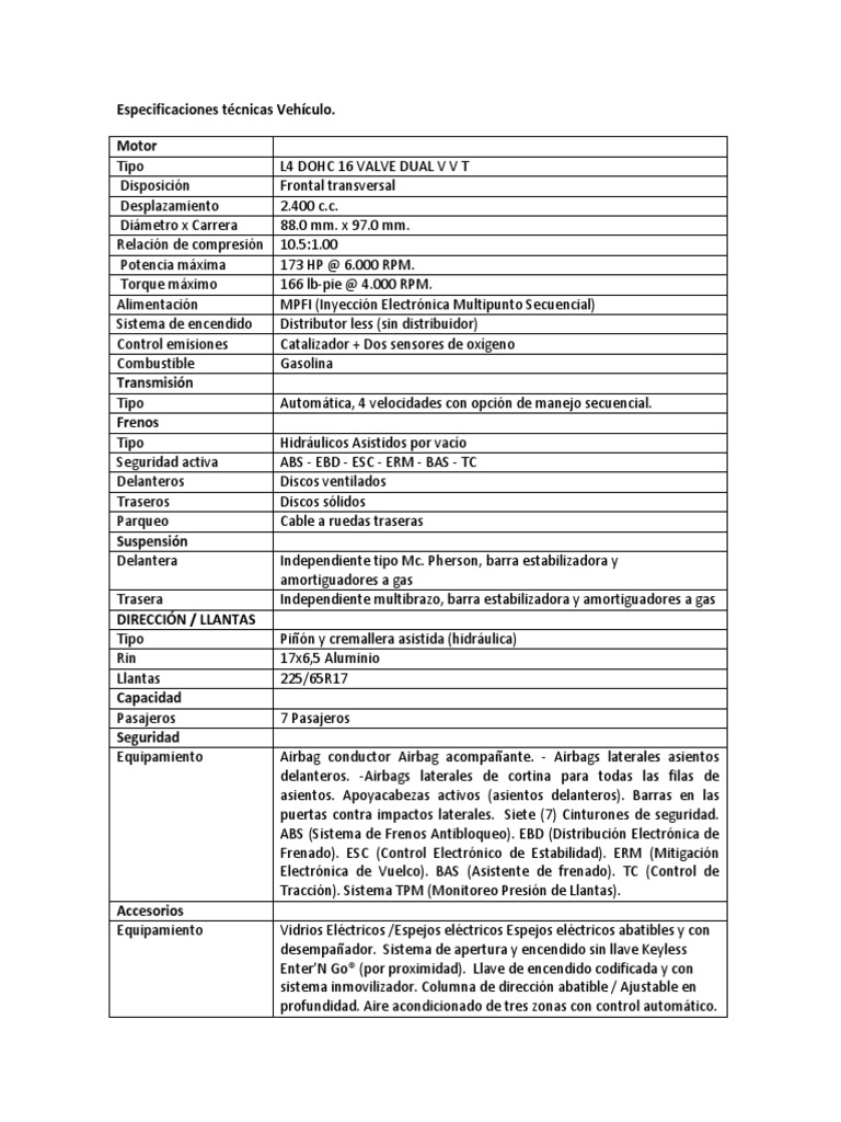 Especificaciones Técnicas Vehiculo | PDF | Airbag | Automóviles
